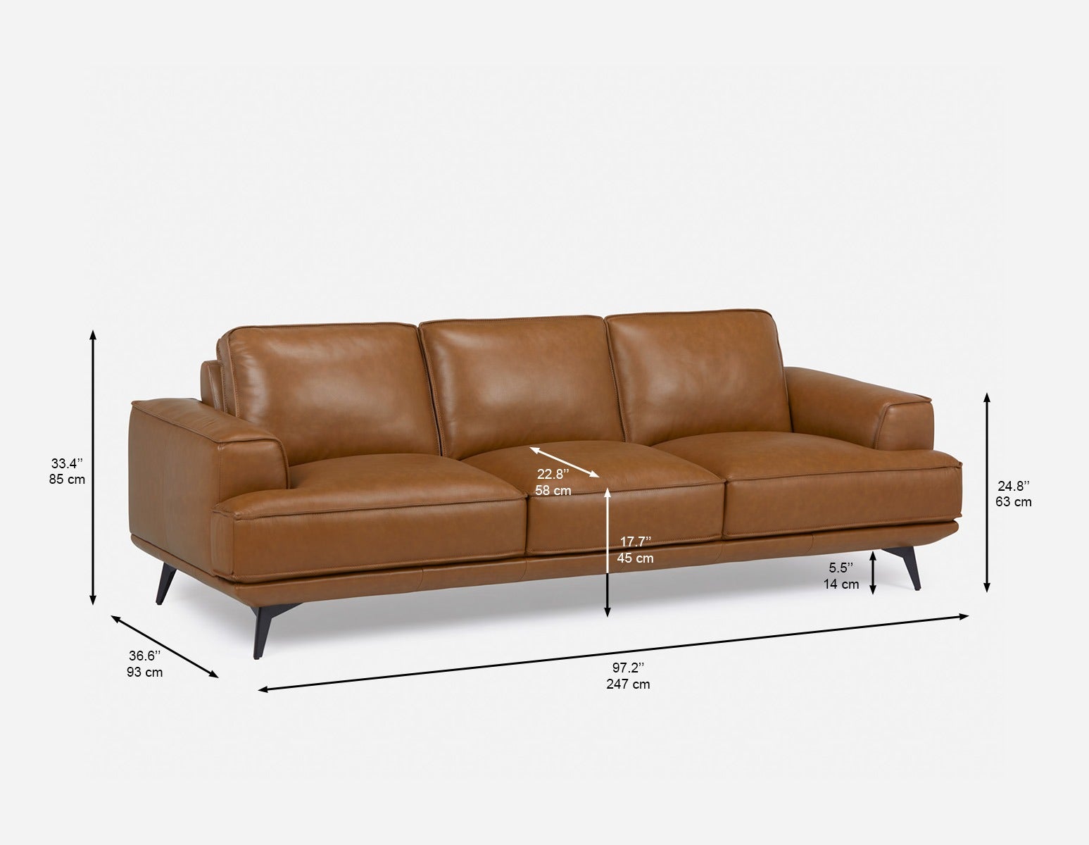 ALPHA 100% leather mid century 3-seater sofa | Structube